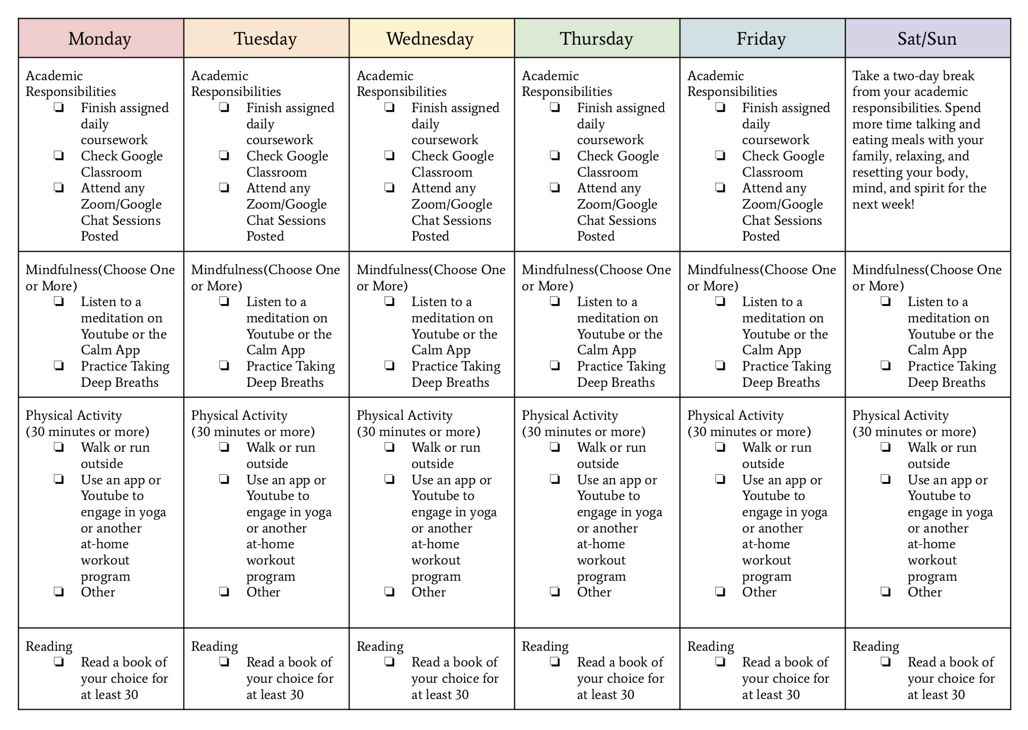 Daily Activities Checklist Sunshine Parenting